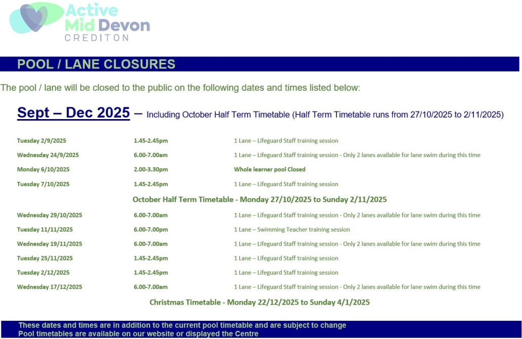 Active Crediton - Pool Timetable - Active Mid Devon