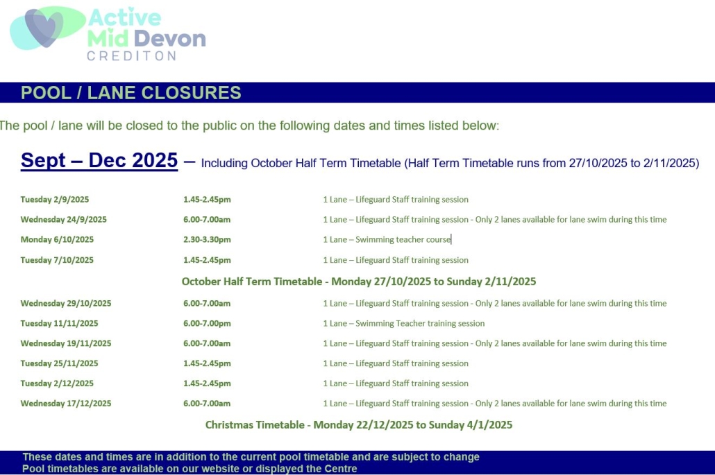 Active Crediton - Pool Timetable - Active Mid Devon